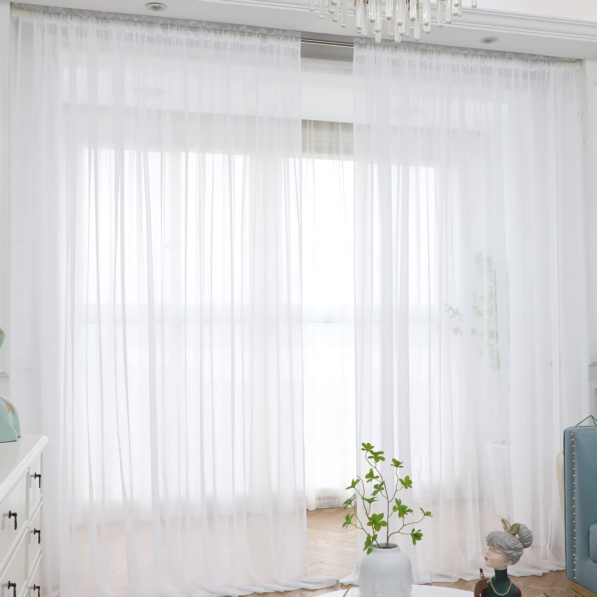 LONGTAI Windows Sheer White Curtains 84 Inches Long 2 Panels White Sheer Curtains Basic Rod Pocket Panel for Bedroom Children Living Room Yard Kitchen (White, 52" W x 84" L | 2 pcs)