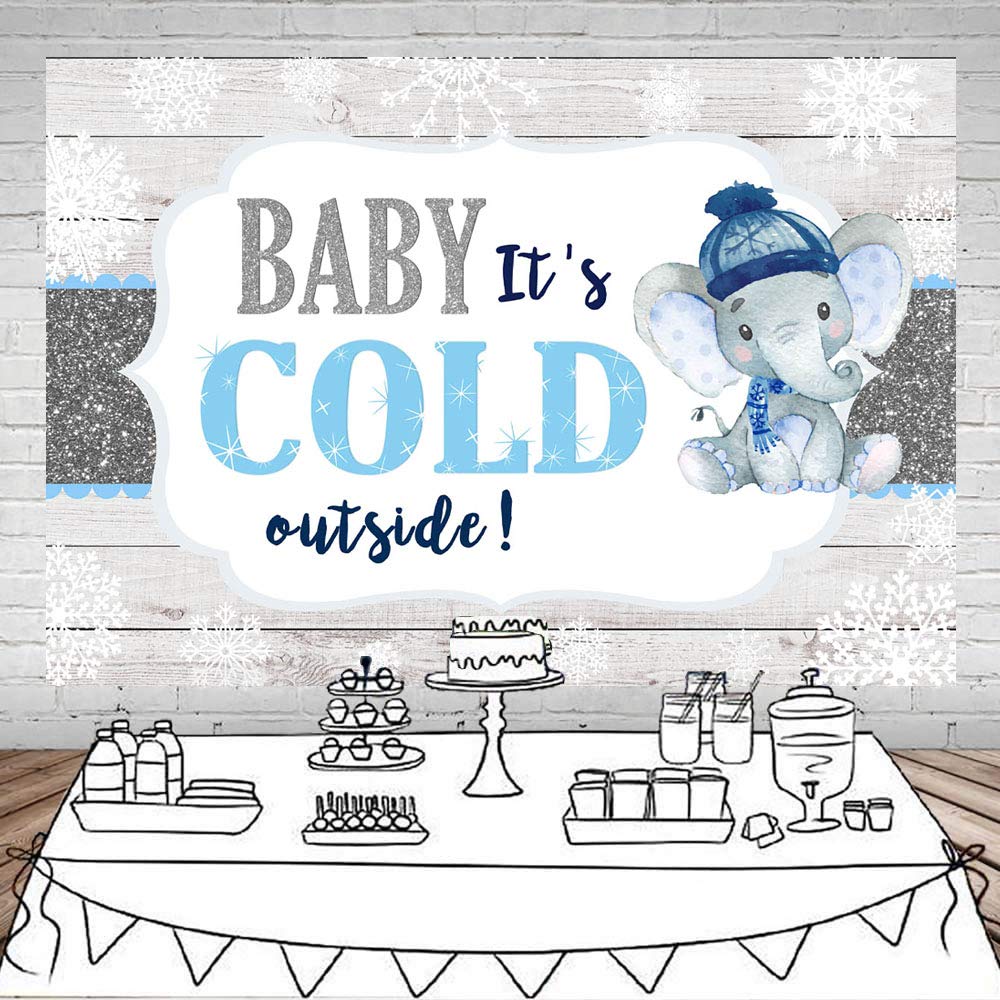 Mocsicka Baby It's Cold Outside Backdrop Rustic Floor Boy Girl Elephant Baby Shower Photography Background Winter White Snowflake Princess Newborn Cake Table Decoration Photo Booth (5x3ft)