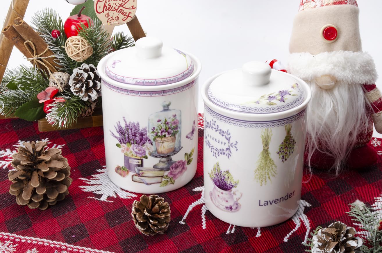 Xiteliy Ceramic Canister Set Tea Coffee Sugar Storage Pots Jars Kitchen Food Storage with Ceramic Lid Set of 2 (Purple, TL-XYC-J)