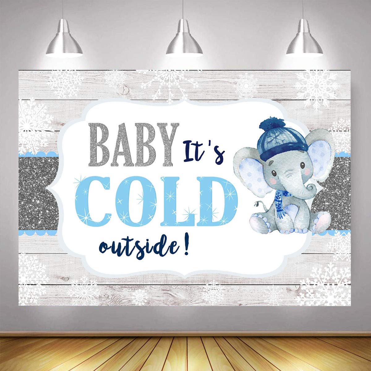 Mocsicka Baby It's Cold Outside Backdrop Rustic Floor Boy Girl Elephant Baby Shower Photography Background Winter White Snowflake Princess Newborn Cake Table Decoration Photo Booth (5x3ft)