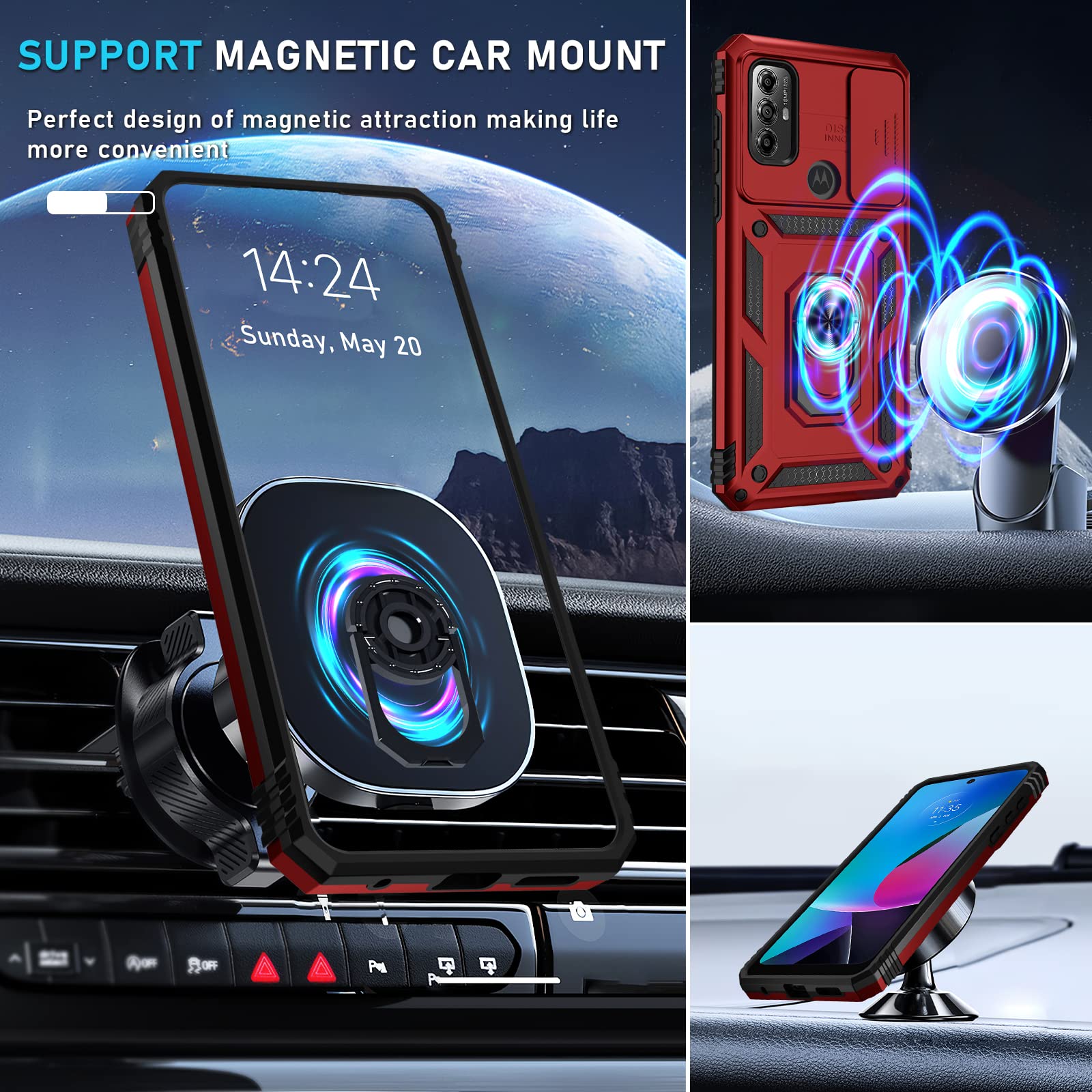 Janmitta Compatible with Moto G Play 2023,G Power 2022/G Pure Case Built in Slide Camera Lens Cover+Screen Protector+Ring Holder,Heavy Duty Shockproof Full Body Phone Cover,Red