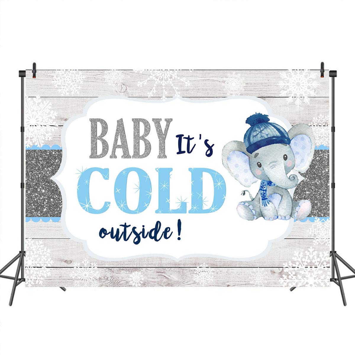 Mocsicka Baby It's Cold Outside Backdrop Rustic Floor Boy Girl Elephant Baby Shower Photography Background Winter White Snowflake Princess Newborn Cake Table Decoration Photo Booth (5x3ft)