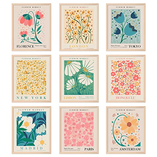 AnyDesign 9Pcs Flower Market Wall Art Prints Matisse Art Poster Decor Unframed Floral Drawing Posters Colorful Floral Room Decor for Gallery Room Aesthetic Living Room Bathroom Decor, 8x10inch