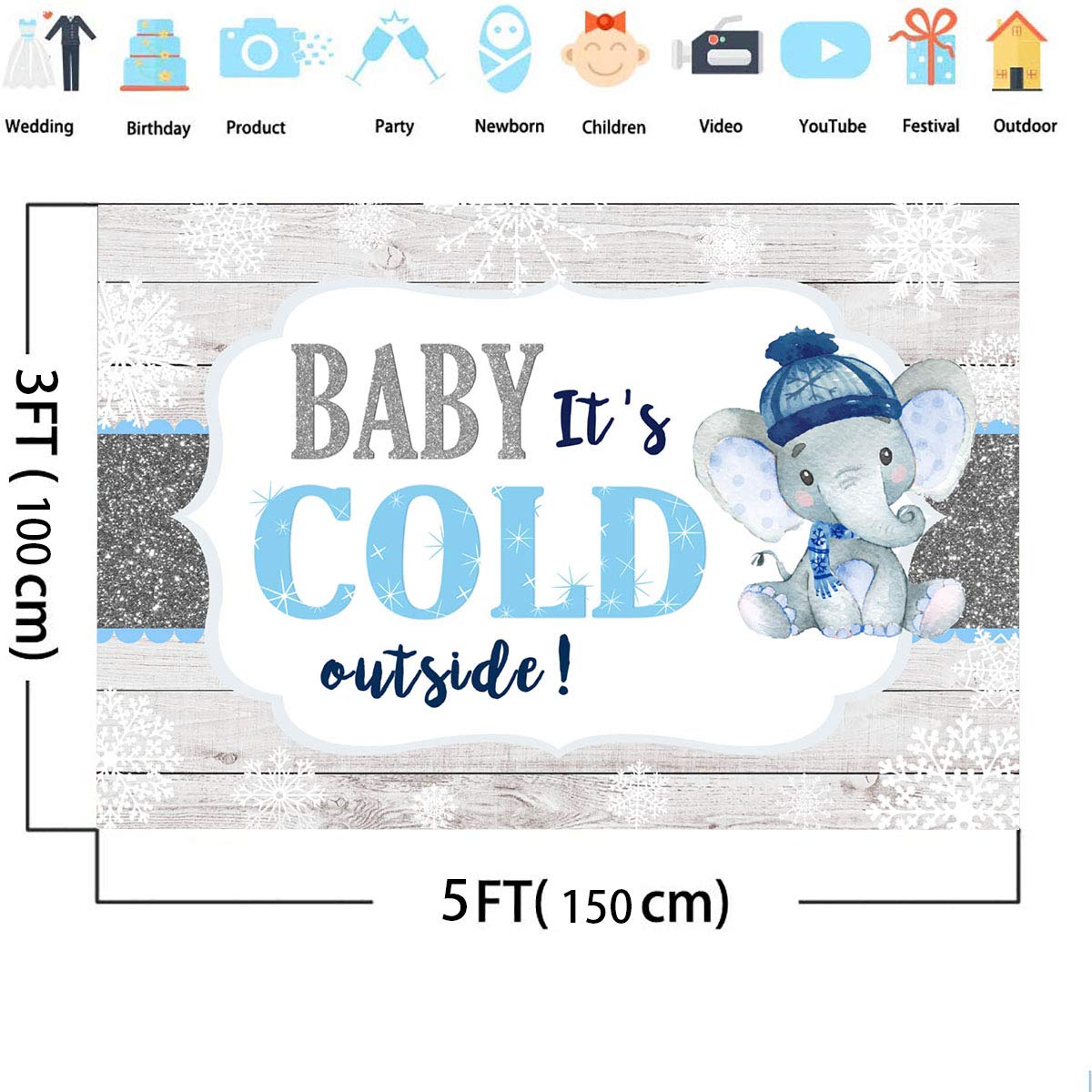 Mocsicka Baby It's Cold Outside Backdrop Rustic Floor Boy Girl Elephant Baby Shower Photography Background Winter White Snowflake Princess Newborn Cake Table Decoration Photo Booth (5x3ft)