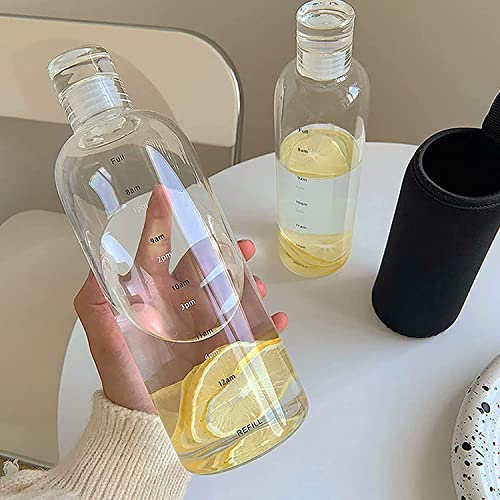 Clear Glass Water Bottles With Time Marker Non-slip Sleeve And Lids, Reusable Glass Drinking Bottles, Drink Water Bottle 17 Oz,Suitable For Drinks, Juices, Sodas, Coke, As Gifts (750ML2PCS)