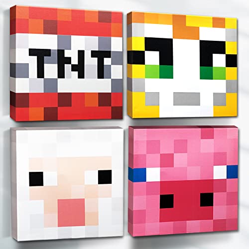 ZHIEND 4-Pack Pixel Video Game Canvas Wall Art, Pixel Face Poster, TNT, Pig Face, Sheep Face, Cat Face, Color Block Print Artwork Stretch Frame,Room Decor, Wall Hanging for Boys Room (Pixel, 12*12IN)