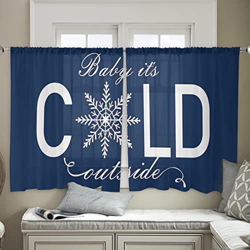 AmbeHome Semi Sheer Curtain Rod Pocket Kitchen Curtains, Christmas Sheer Window Curtains 54 Inch Length 2 Panels Set, Voile Window Drapes for Bedroom Living Room Cold Winter Snowflakes Blue Backdrop