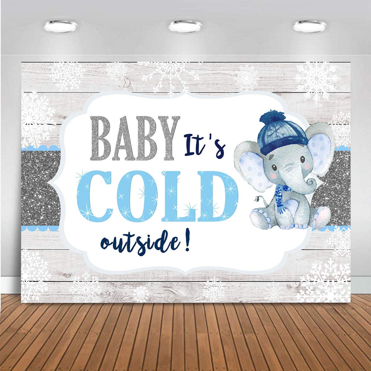 Mocsicka Baby It's Cold Outside Backdrop Rustic Floor Boy Girl Elephant Baby Shower Photography Background Winter White Snowflake Princess Newborn Cake Table Decoration Photo Booth (5x3ft)