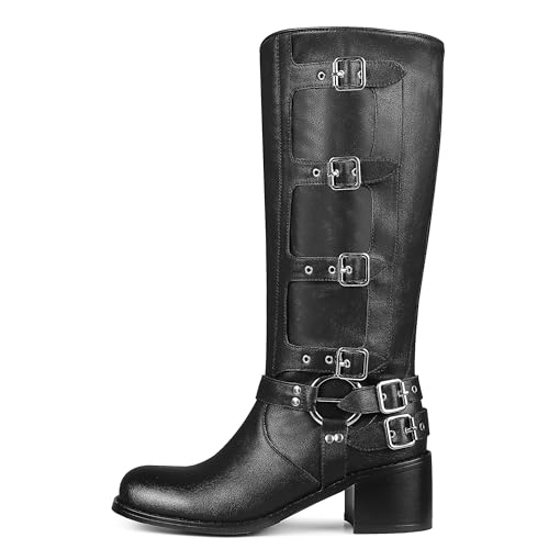 Cossansan Square Toe Boots for Women Knee High Boots Women Leather Buckles Black Dress Boots Fashion Winter Boots Moto Boots Women Size8