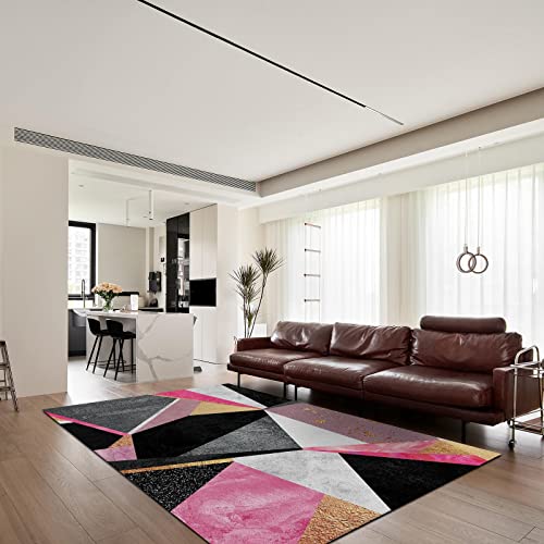 Pink Gray Black Marble Texture Area Carpet, Irregular Geometry Light Luxury Washable Rug, Comfortable Soft Breathable Non-Slip Backing for Living Room Bedroom Study Office Decor3 x 4ft