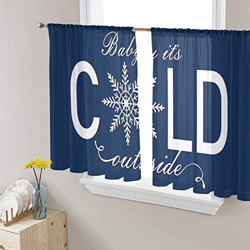 AmbeHome Semi Sheer Curtain Rod Pocket Kitchen Curtains, Christmas Sheer Window Curtains 54 Inch Length 2 Panels Set, Voile Window Drapes for Bedroom Living Room Cold Winter Snowflakes Blue Backdrop
