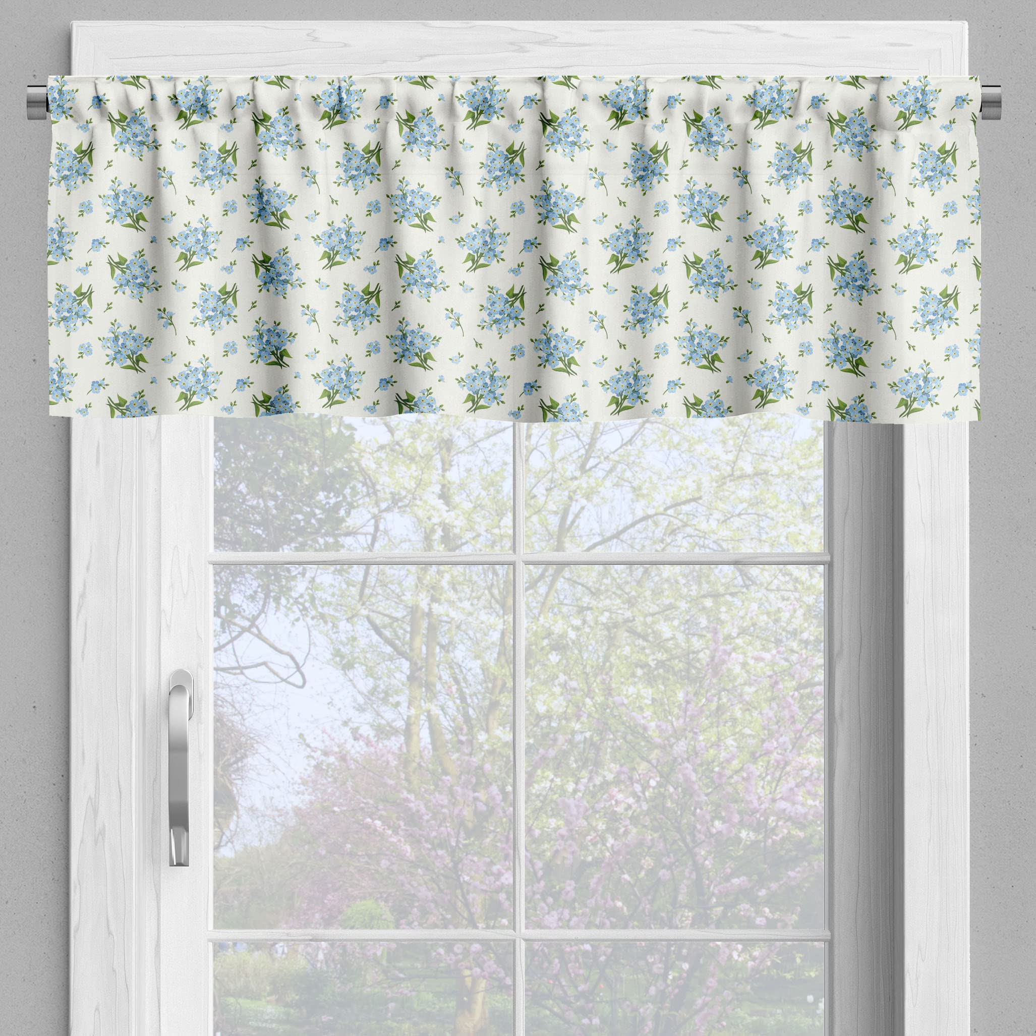 Ambesonne Ivory and Blue Valance & Tier Curtain 3 pcs Set, Forget-me-not Flowers Pattern Fresh Foliage on Ivory Backdrop, Window Treatments for Room Kitchen Decor, 55" x 24", Pale Blue Ivory and Green