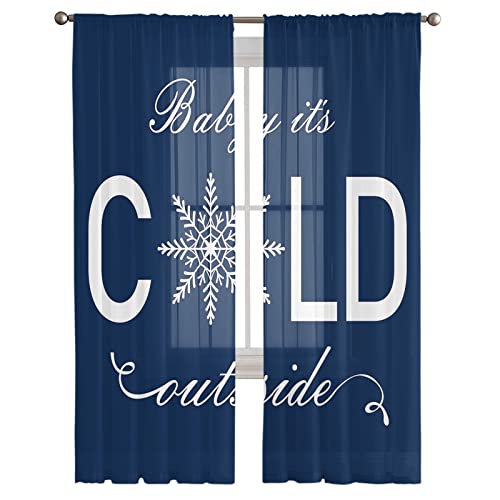 Sheer Curtains Voile Kitchen Curtain 108 Inch Length, Christmas Semi Curtains Light Filtering Window Curtain Rod Pocket 2 Panels Drapes for Bedroom Living Room Cold Winter Snowflakes Blue Backdrop