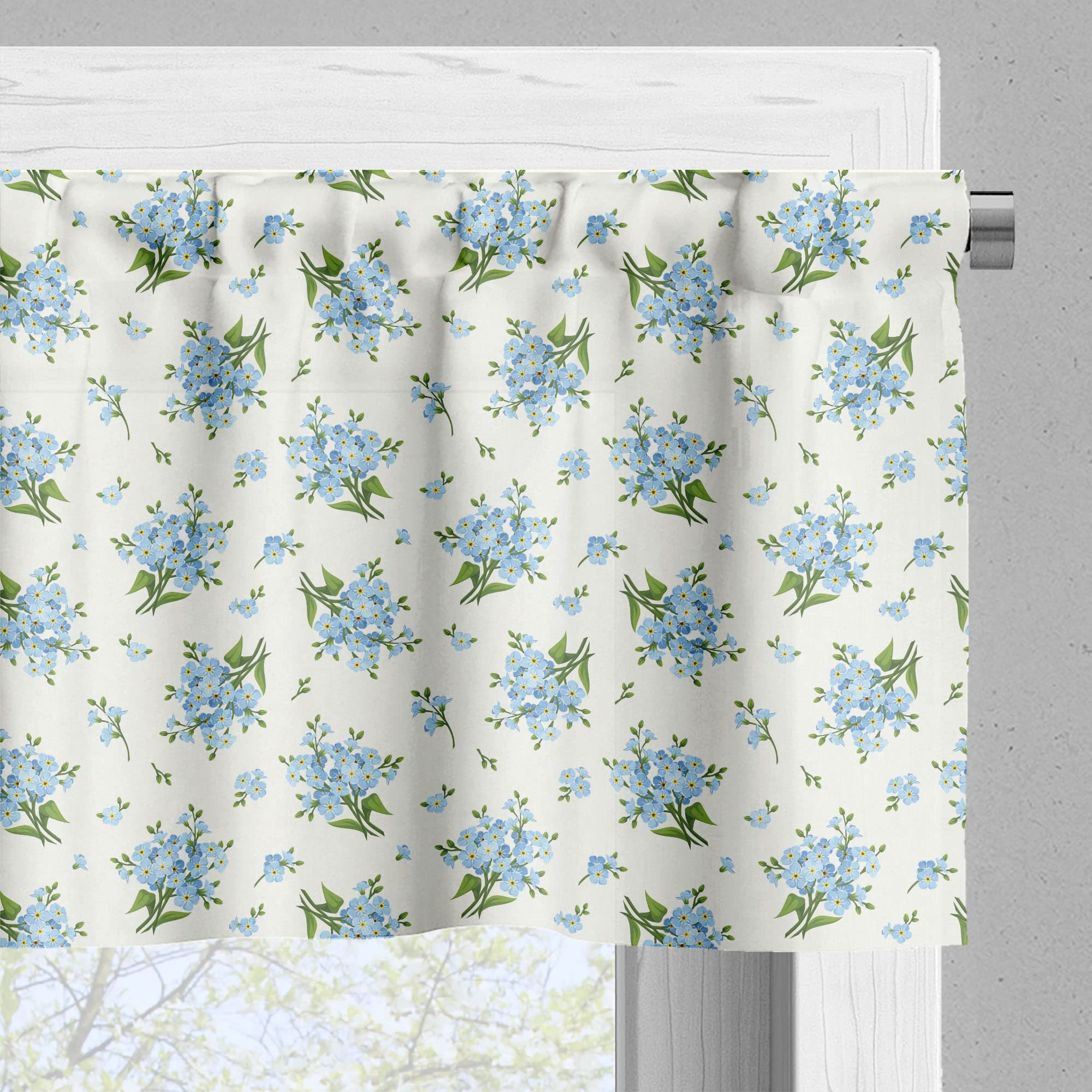 Ambesonne Ivory and Blue Valance & Tier Curtain 3 pcs Set, Forget-me-not Flowers Pattern Fresh Foliage on Ivory Backdrop, Window Treatments for Room Kitchen Decor, 55" x 24", Pale Blue Ivory and Green