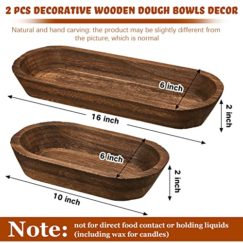 Decorative Bowls for Home Decor 2 Pieces Wooden Dough Bowl Wooden Bowls Rustic Bread Bowl Long Wooden Bowl for Kitchen Home Dining Table Centerpiece Decorations (10 x 6 x 2 Inch, 16 x 6 x 2 Inch)