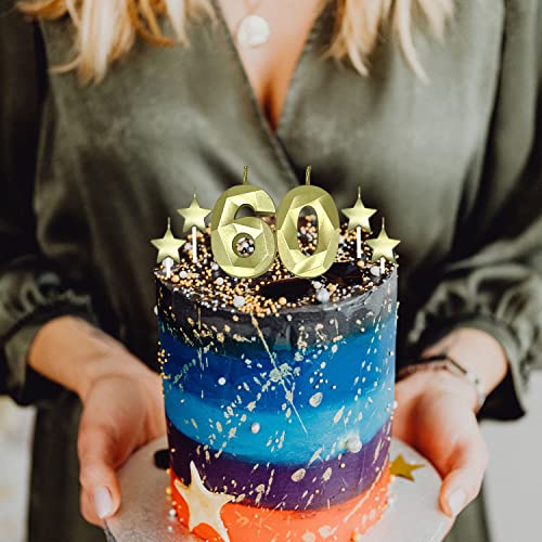 60th Birthday Candles for Cake - Number 60 & 6 & 0 Birthday Candles and Glitter Star Birthday Candles 2 Inch 3D Diamond Shape Number Candles for Birthday Party Anniversary Kids Adults(Gold)