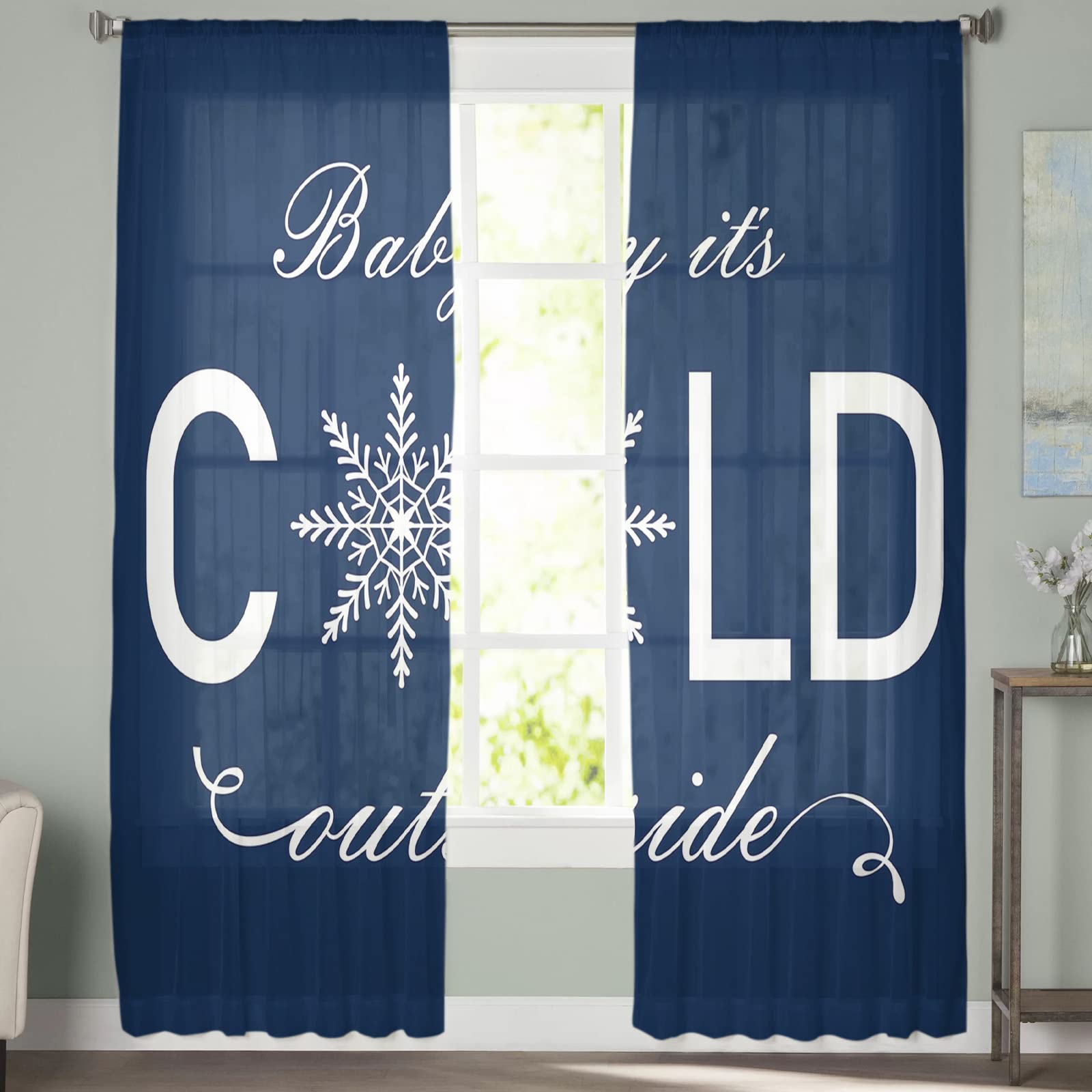 MACONAA Sheer Curtains 63 Inches Long, Christmas Rod Pocket Curtain for Living Room, Window Cold Winter Snowflakes Blue Backdrop Voile Drapes Chiffon Curtain for Bedroom 2 Panel