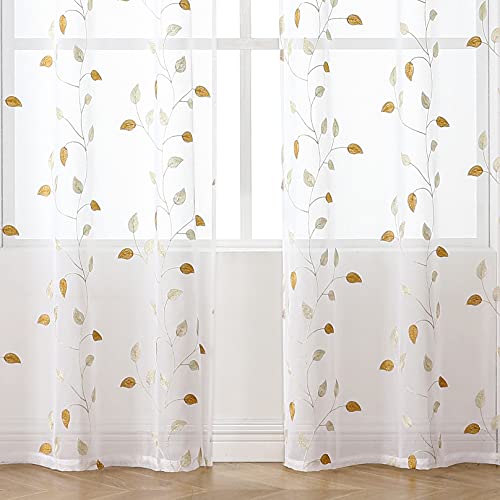 Fragrantex White and Yellow Sheer Curtains for Bedroom 95 inch Long 2 Panels Floral Embroidered Gold Leaf Silver Patterned Curtains & Drapes 3" Rod Pocket Window Treatment Set,38" Wx95 L