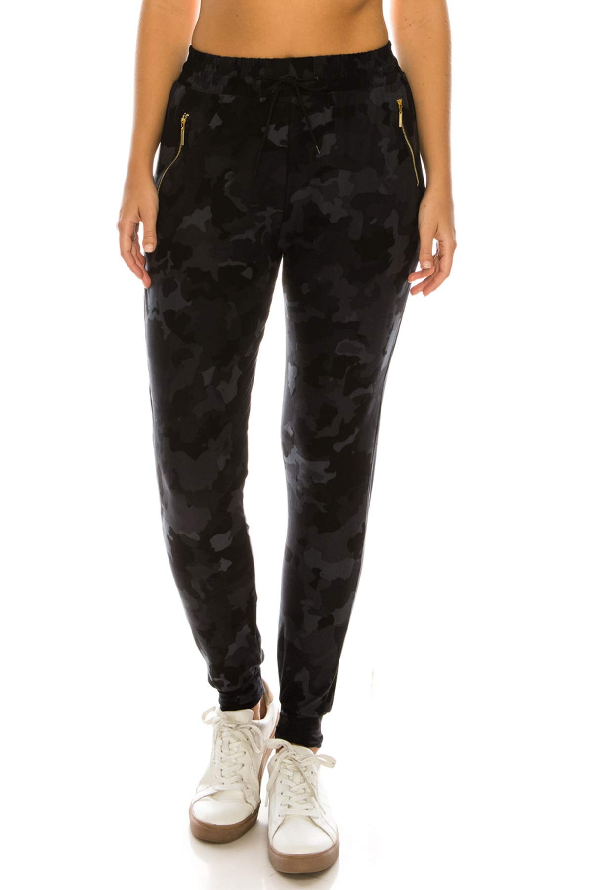 Leggings Depot Women's Relaxed fit Jogger Pants - Track Cuff Sweatpants with Pockets-S812ZIP, Gray Camouflage-with Zipper, Medium
