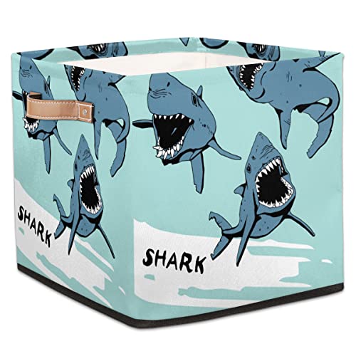 Shark Large Collapsible Storage Bins,Ocean Animal Decorative Canvas Fabric Storage Boxes Organizer with Handles,Cube Square Baskets Bin for Home Shelves Closet Nursery Gifts