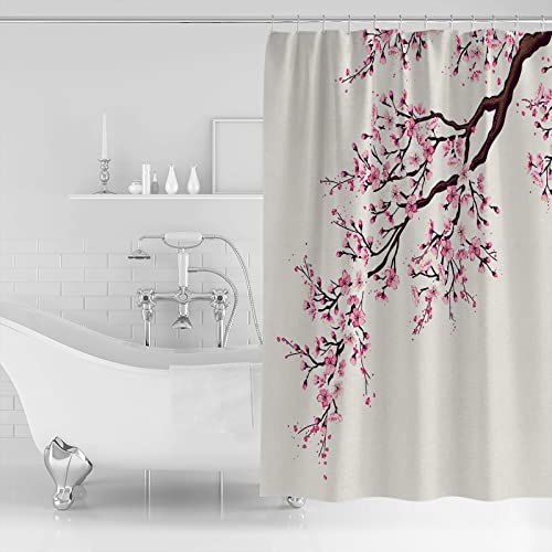 Blooming Cherry Tree Shower Curtains for Bathroom Decoartion, Waterproof Cloth Shower Curtains Durable Bath Curtain for Showers Bathtubs Pink Floral Rustic Burlap Backdrop 36x72 IN Hooks Included