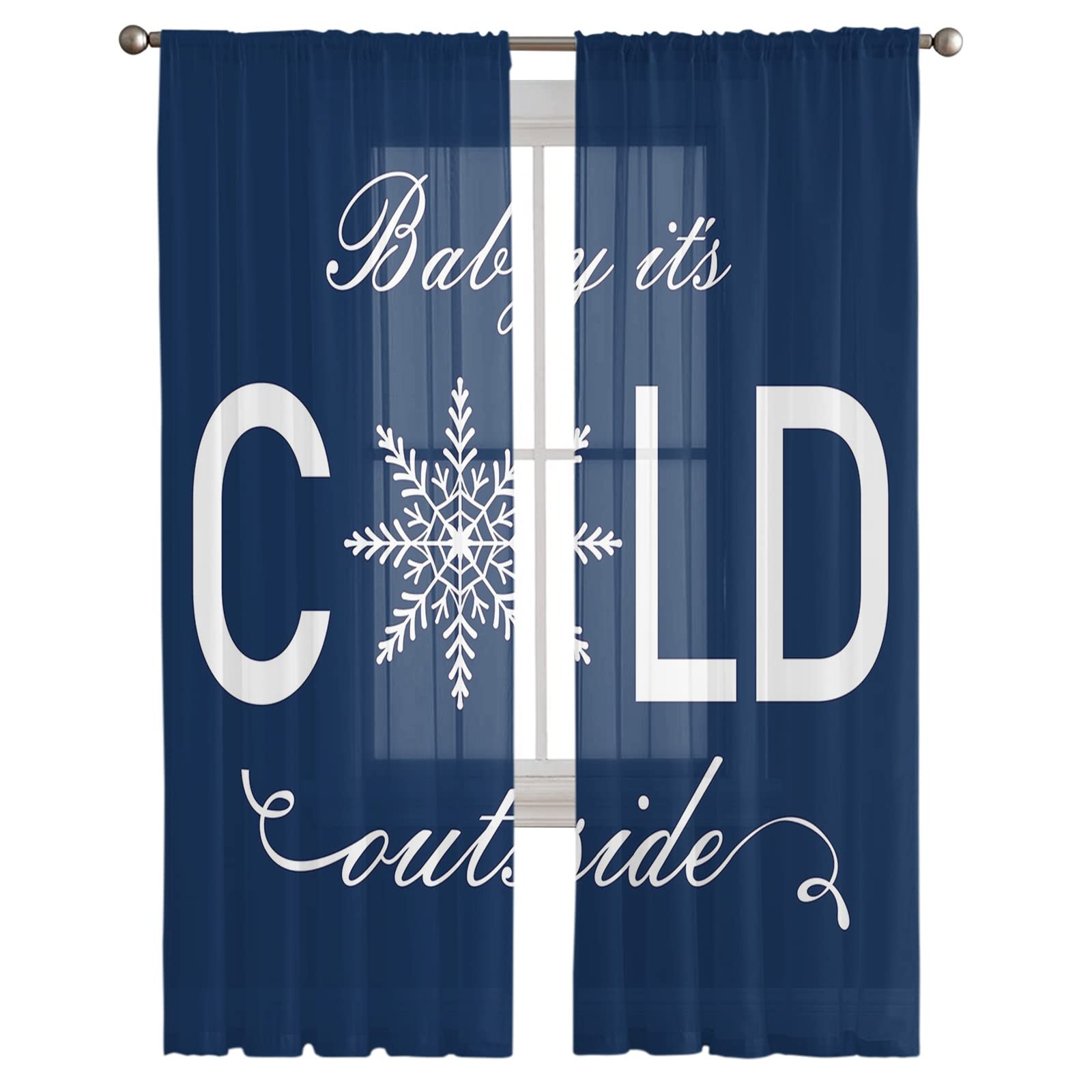 MACONAA Sheer Curtains 63 Inches Long, Christmas Rod Pocket Curtain for Living Room, Window Cold Winter Snowflakes Blue Backdrop Voile Drapes Chiffon Curtain for Bedroom 2 Panel