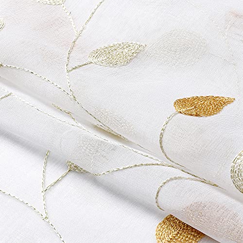 Fragrantex White and Yellow Sheer Curtains for Bedroom 95 inch Long 2 Panels Floral Embroidered Gold Leaf Silver Patterned Curtains & Drapes 3" Rod Pocket Window Treatment Set,38" Wx95 L