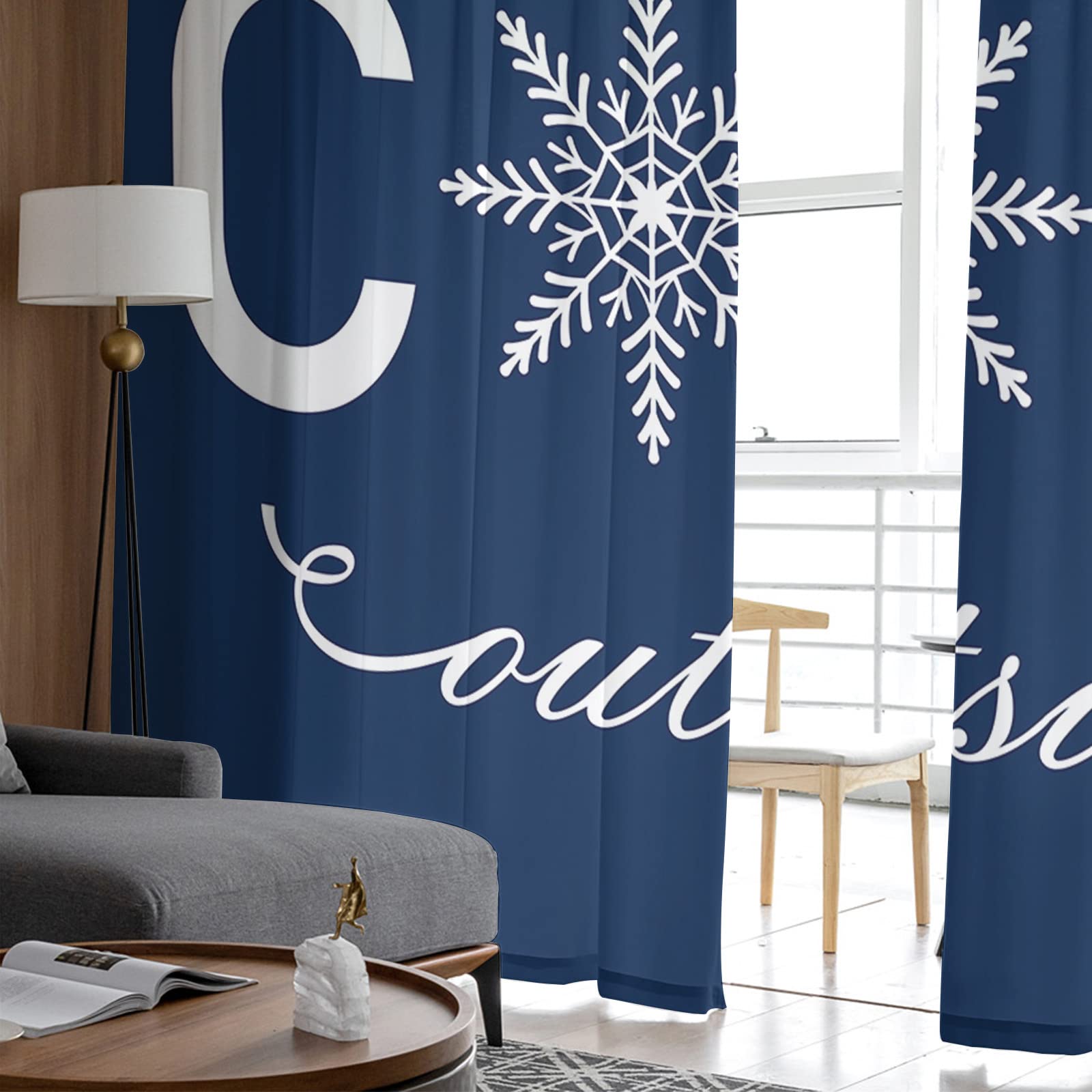 MACONAA Sheer Curtains 63 Inches Long, Christmas Rod Pocket Curtain for Living Room, Window Cold Winter Snowflakes Blue Backdrop Voile Drapes Chiffon Curtain for Bedroom 2 Panel
