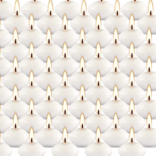 fclayvts 100 Pieces 1.75 Inch Unscented Floating Candles for Centerpieces, Floating Pool Candles Round Burning Candles Decor for Wedding Party Swimming Pool Bathtub Dinner Party Favor (White)