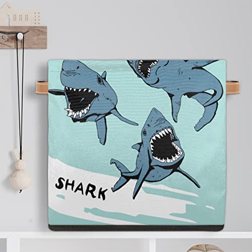 Shark Large Collapsible Storage Bins,Ocean Animal Decorative Canvas Fabric Storage Boxes Organizer with Handles,Cube Square Baskets Bin for Home Shelves Closet Nursery Gifts