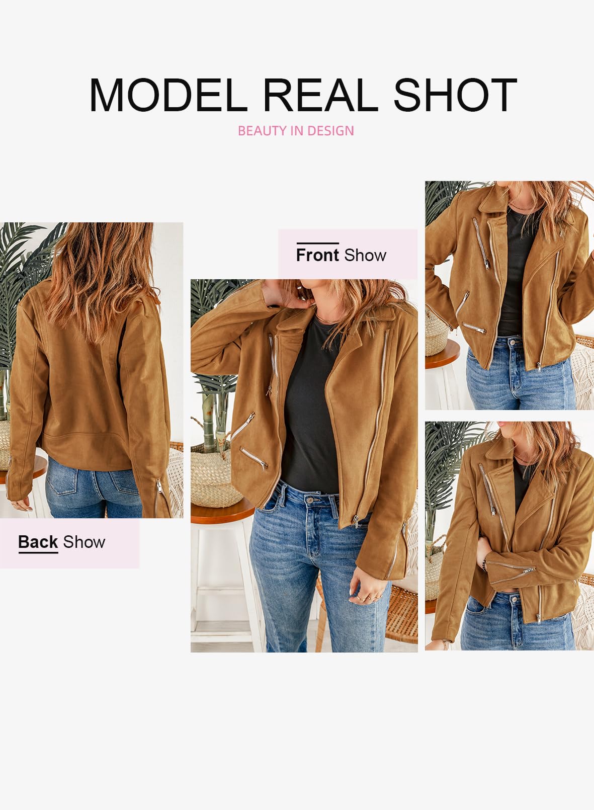 EVALESS Women's Trendy Stand Collar Faux Suede Jackets Moto Jacket Coat Brown L (MNGW85294-17-L)