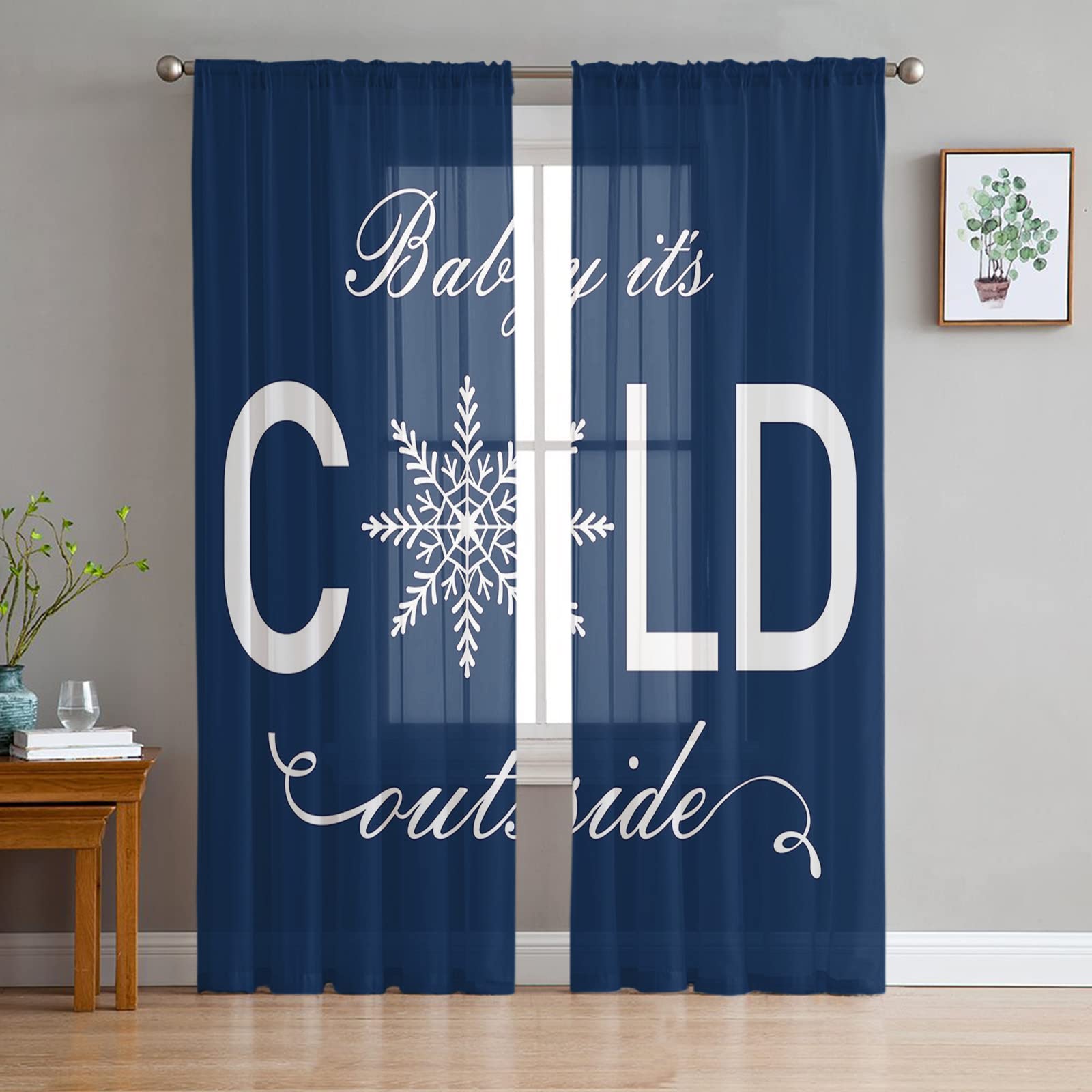 MACONAA Sheer Curtains 63 Inches Long, Christmas Rod Pocket Curtain for Living Room, Window Cold Winter Snowflakes Blue Backdrop Voile Drapes Chiffon Curtain for Bedroom 2 Panel