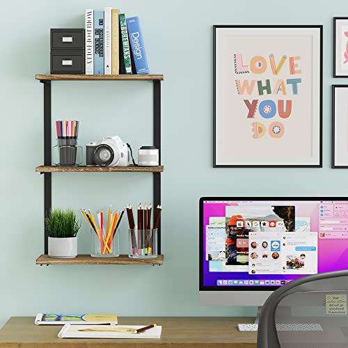 Wallniture Tivoli 17" Floating Shelves Wall Mounted, 3 Tier Shelf for Living Room Decor, Wall Bookshelf, Rustic Wood Wall Shelves for Bedroom, Bathroom Storage Shelves, Kitchen Wall Shelf, Burnt