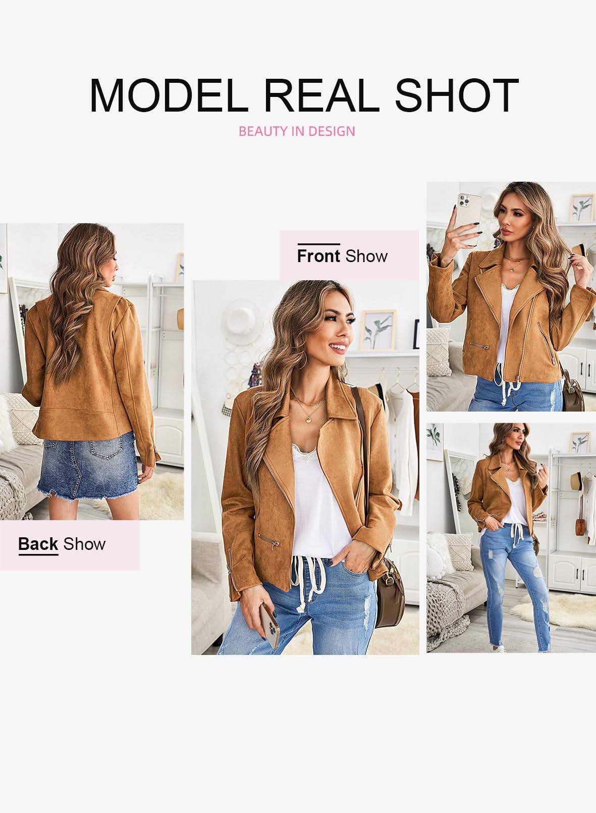 EVALESS Women's Trendy Stand Collar Faux Suede Jackets Moto Jacket Coat Brown L (MNGW85294-17-L)