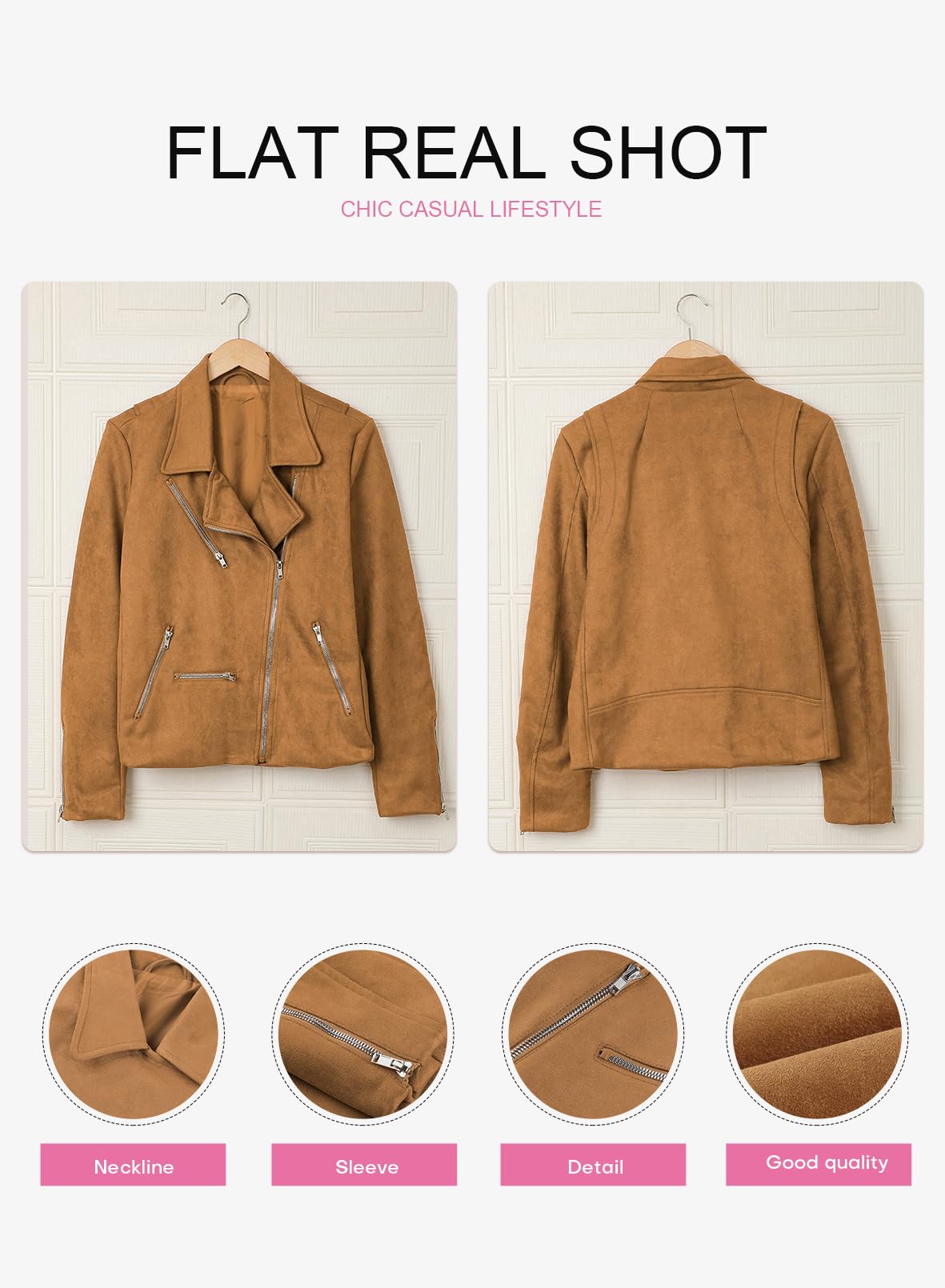 EVALESS Women's Trendy Stand Collar Faux Suede Jackets Moto Jacket Coat Brown L (MNGW85294-17-L)
