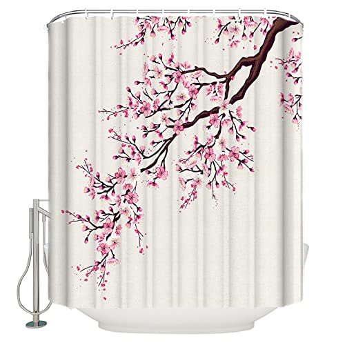 Blooming Cherry Tree Shower Curtains for Bathroom Decoartion, Waterproof Cloth Shower Curtains Durable Bath Curtain for Showers Bathtubs Pink Floral Rustic Burlap Backdrop 36x72 IN Hooks Included