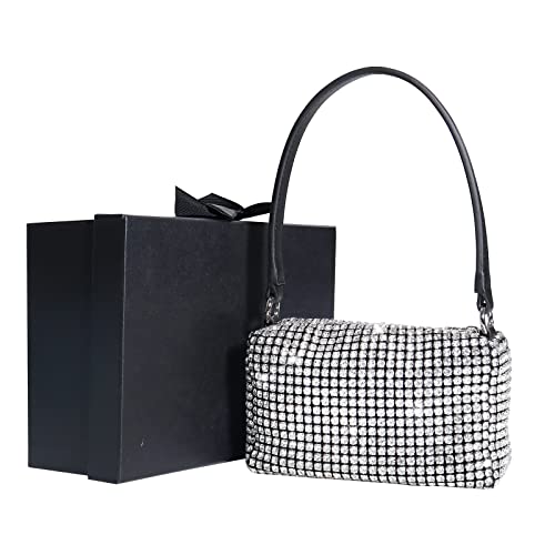 Rhinestone Purses for Women Sparkly Diamond Silver Clutch Evening Handbag Bling Crossbody Bags Glitter Party Club Purses Mini Top Handle Handbags