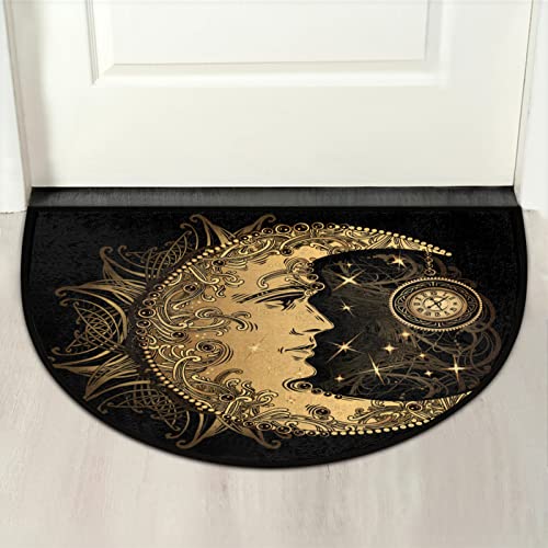 Apular Half Round Door Mat Indoor Entrance,Boho Crescent Moon Sun Mandala Non Slip Bath Rug, 24 x 36 Wear Resistant Semi Circle Floor Mats Area Rugs