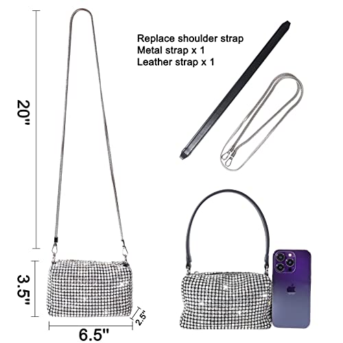 Rhinestone Purses for Women Sparkly Diamond Silver Clutch Evening Handbag Bling Crossbody Bags Glitter Party Club Purses Mini Top Handle Handbags