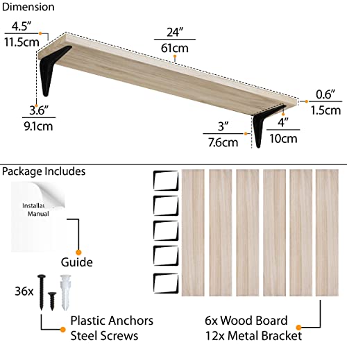 Wallniture Arras Floating Shelves, Living Room Bookshelf, Wall Shelves for Bedroom, Kitchen Organization Units & Office Wall Decor 24" Natural Wood Shelf Set of 6