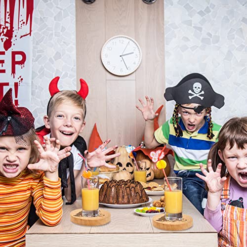 Whaline 4Pcs Halloween Wood Coaster Horror Movie Character Wood Round Coasters Halloween Holiday Cup Mat for Drinking Glasses Tabletop Protection Halloween Home Kitchen Office Decor