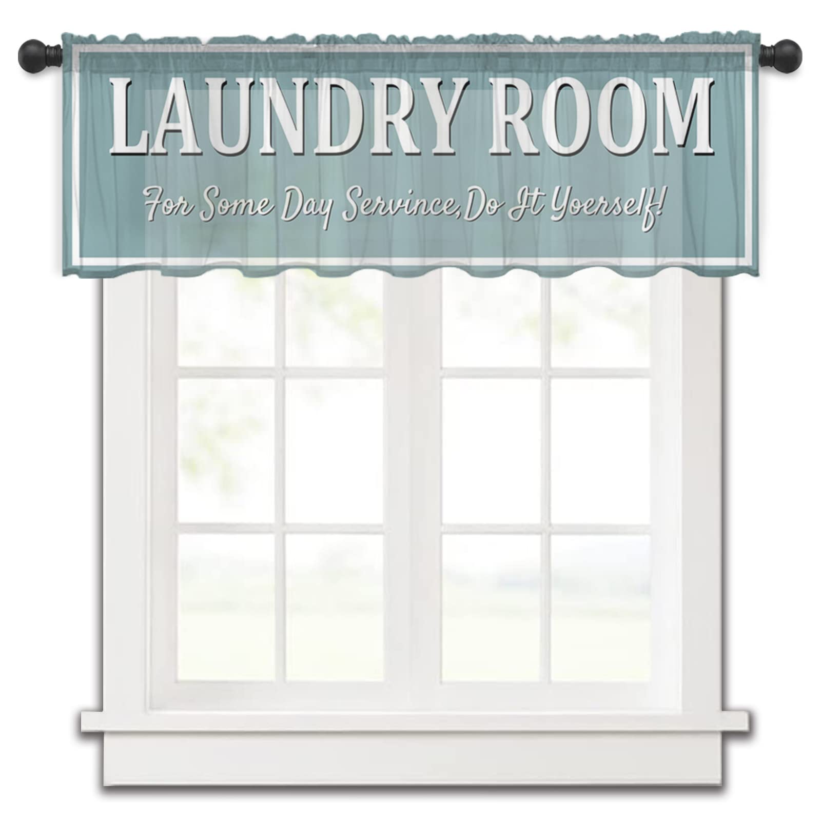 Sheer Valances Curtain, Laundry Room Do It Yourself Chiffon Valance for Window 54" x 18", Blue Laundry Decor Backdrop Small Tier Curtain Rod Pocket Window Panels for Kitchen, Bathroom, Cafe