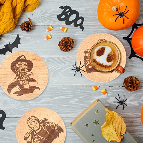 Whaline 4Pcs Halloween Wood Coaster Horror Movie Character Wood Round Coasters Halloween Holiday Cup Mat for Drinking Glasses Tabletop Protection Halloween Home Kitchen Office Decor