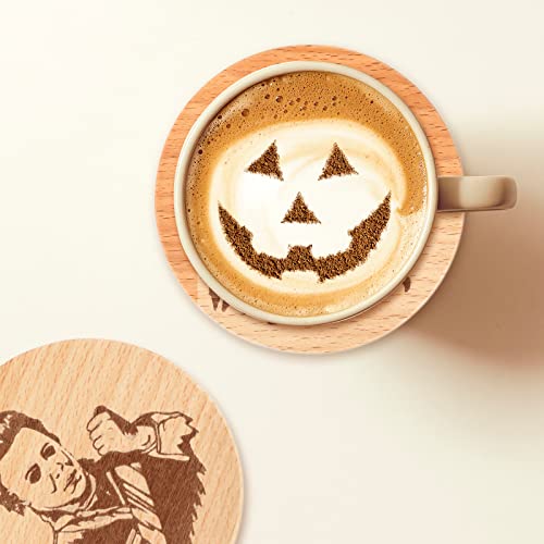 Whaline 4Pcs Halloween Wood Coaster Horror Movie Character Wood Round Coasters Halloween Holiday Cup Mat for Drinking Glasses Tabletop Protection Halloween Home Kitchen Office Decor