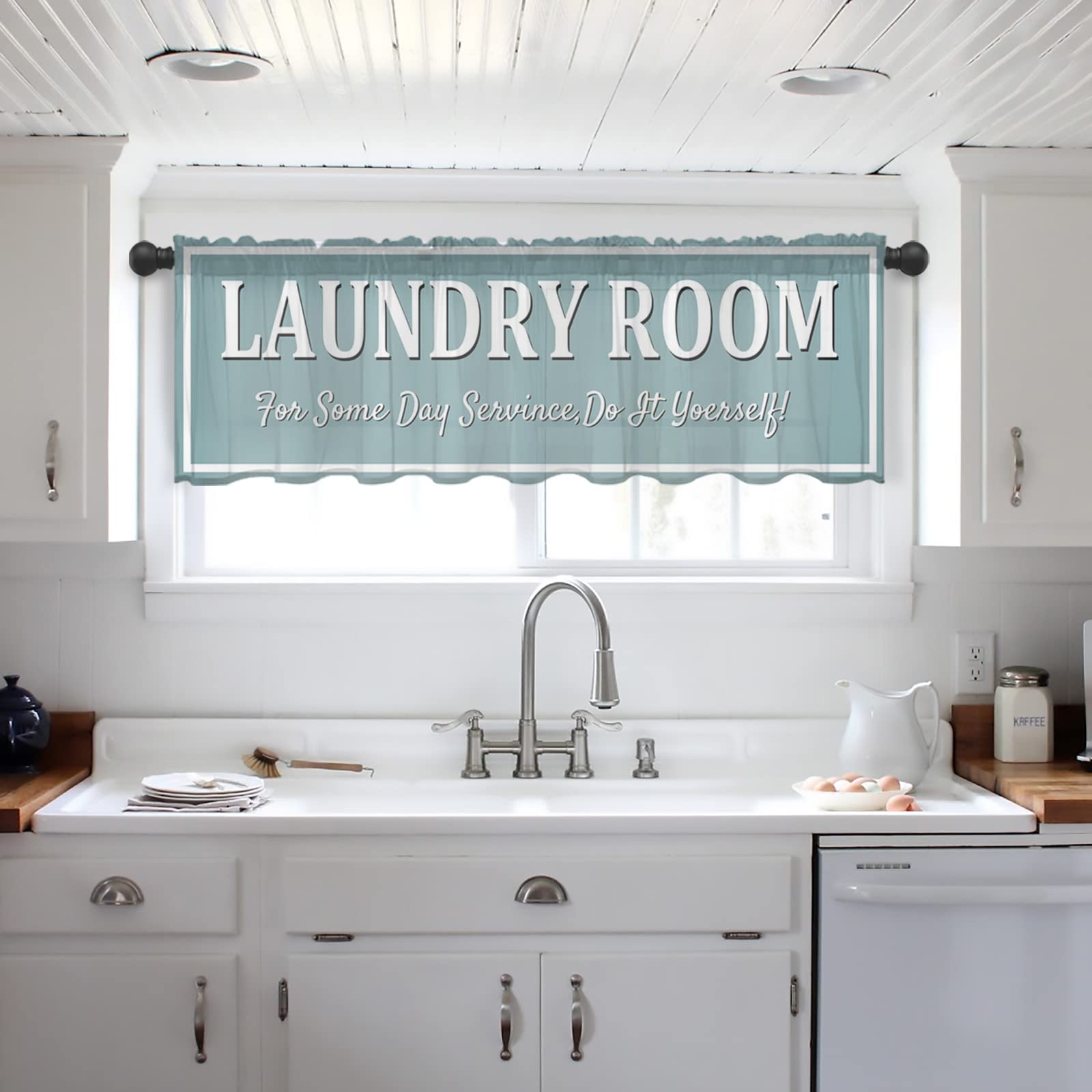 Sheer Valances Curtain, Laundry Room Do It Yourself Chiffon Valance for Window 54" x 18", Blue Laundry Decor Backdrop Small Tier Curtain Rod Pocket Window Panels for Kitchen, Bathroom, Cafe