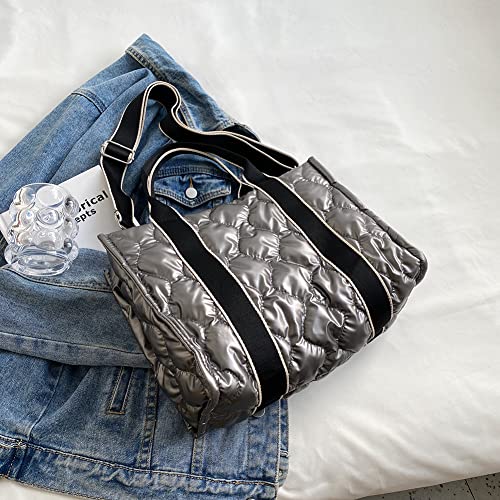 JQWSVE Large Puffy Tote Bag for Women, Lightweight Quilted Cotton Padded Shoulder Bag, Down Handbag Crossbody Bag