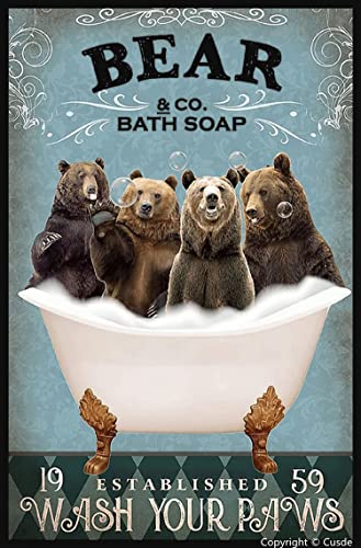 Funny Bear Decor Wash Your Paws Vintage Bathroom And Bathtub Metal Tin Sign Wall Decor Bear Pet Lovers Gift Home Bathroom Farm Wall Art Poster Sign Accessories 8x12 Inch