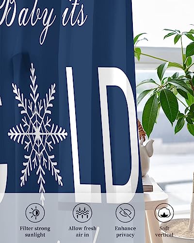 Christmas Sheer Curtains for Bedroom Living Room Sliding Door Curtains 63 inches Long, Voile Kitchen Curtain with Grommet Privacy Window Drape, 1 Panel Cold Winter Snowflakes Blue Backdrop
