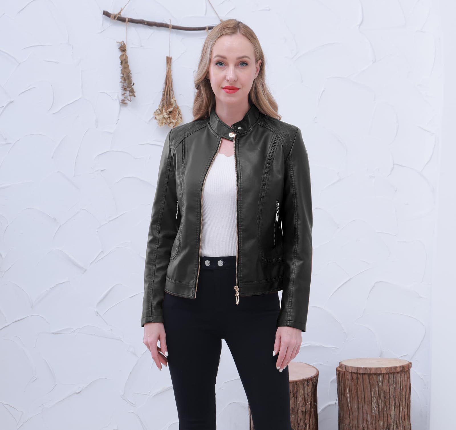 Women's Trendy Faux Leather Jacket Moto Short Jacket Fashion PU Jacket Coat (L, Black)