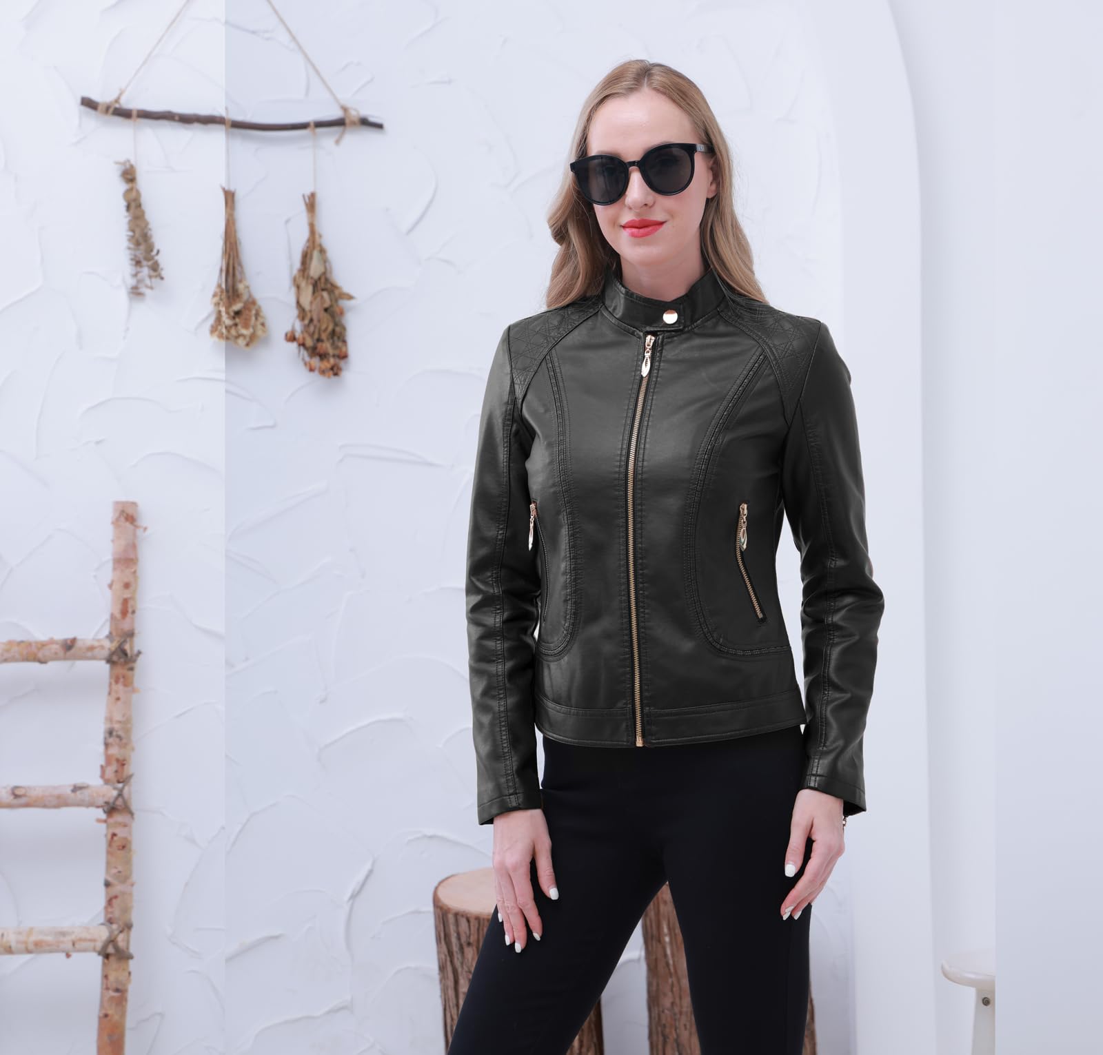 Women's Trendy Faux Leather Jacket Moto Short Jacket Fashion PU Jacket Coat (L, Black)